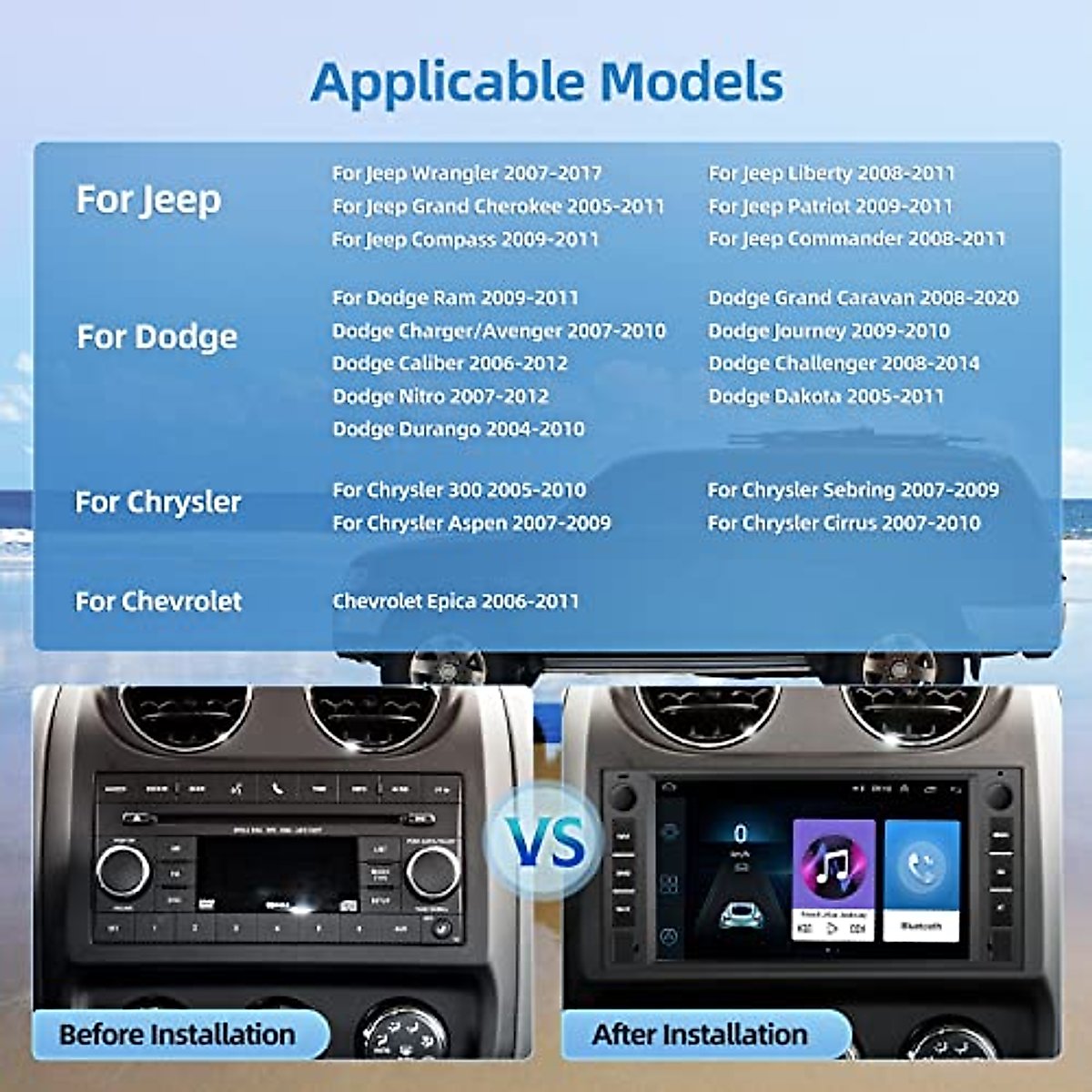 Android Car Stereo for Jeep Wrangler Chrysler 300C Dodge RAM with Apple Carplay and Android Auto, 7 Inch Touch Screen Head Unit with Bluetooth WiFi GPS Mirror Link FM/RDS + Backup Camera
