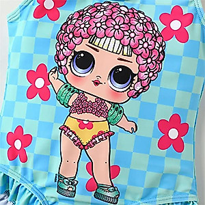 L.O.L.Surprise! Kid Girl Character Doll Sleeveless Ruffle Swimwear Bow Straps Floral One-Piece Swimsuit with Swim Hat Light Blue 9-10Years