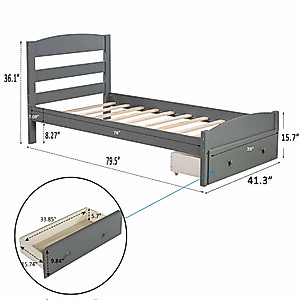 Platform Twin Bed Frame with Storage Drawers, Wood Platform Bed Frame with Headboard for Kids/Teens/Adults, Camas Mattress Foundation/Wood Slats Support/No Box Spring Needed/Easy Assemble (Gray)