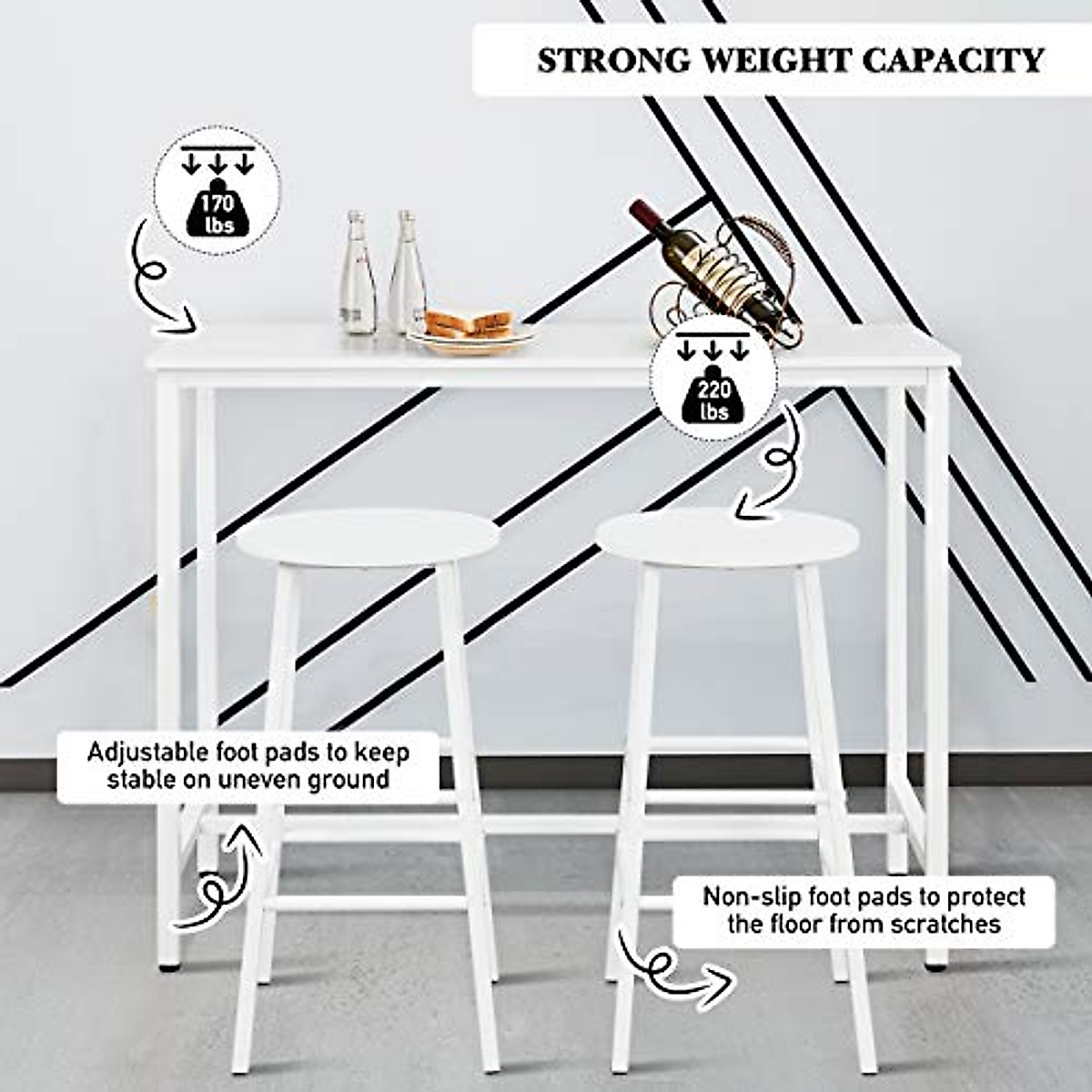 COSTWAY 3-Piece Pub Table Set, Bar Table with 2PCS Backless Bar Stools, Fashionable Simple Style, Kitchen Counter Height Dining Design, Breakfast Table Set for Kitchen, Restaurant, Small Space (White)