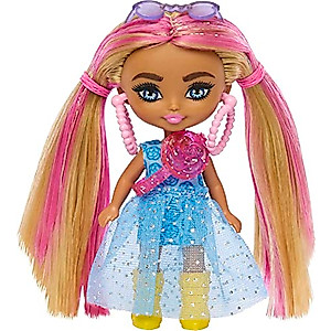 Barbie Extra Mini Minis Doll with Pink-Streaked Blonde Pigtails Wearing Blue Dress & Accessories & Stand, 3.25-inch