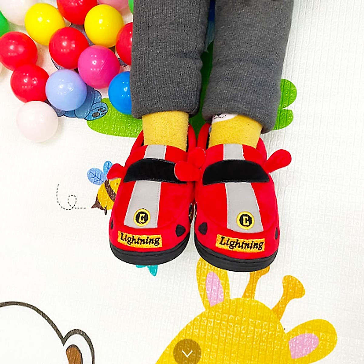 Kids Toddler Boys Red Car Slippers Winter Warm Anti-Slip Indoor Home Shoes (Red car, 12-13 Little Kid, numeric_12)