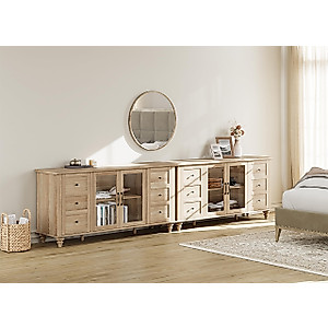 WAMPAT 2 in 1 Glass Door Farmhouse TV Stand for TVs Up to 110 inch, Wood Universal TV Console Table with Storage Cabinets, Entertainment Center for 32-110 inch TV Console Cabinet, 116'', Oak