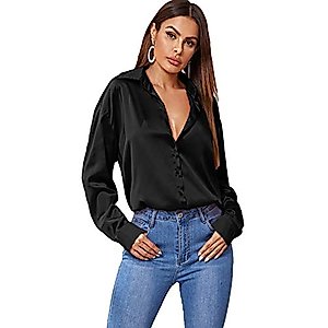 SOLY HUX Women's Satin Silk Long Sleeve Button Down Shirt Office Work Blouse Top Black S
