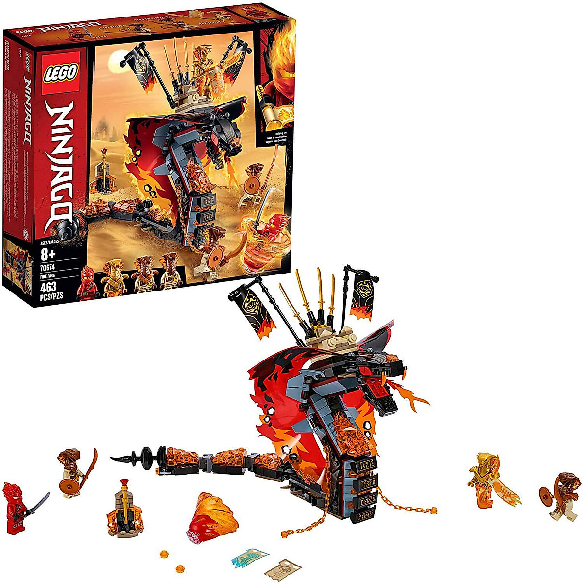 LEGO NINJAGO Fire Fang 70674 Snake Action Toy Building Set with Stud Shooters and Ninja Minifigures Characters, Perfect for Group Play (463 Pieces)