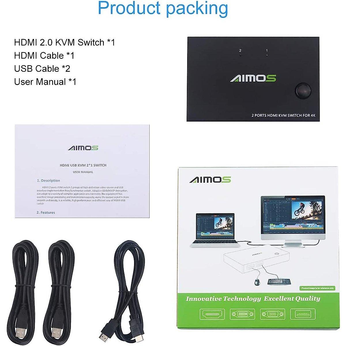 AIMOS KVM Switch 2 Ports, HDMI USB KVM Switcher Support Keyboard Hotkey Switch Way, for 2PC Share One Keyboard Mouse and Monitor, HUD 4K (3840x2160) Supported