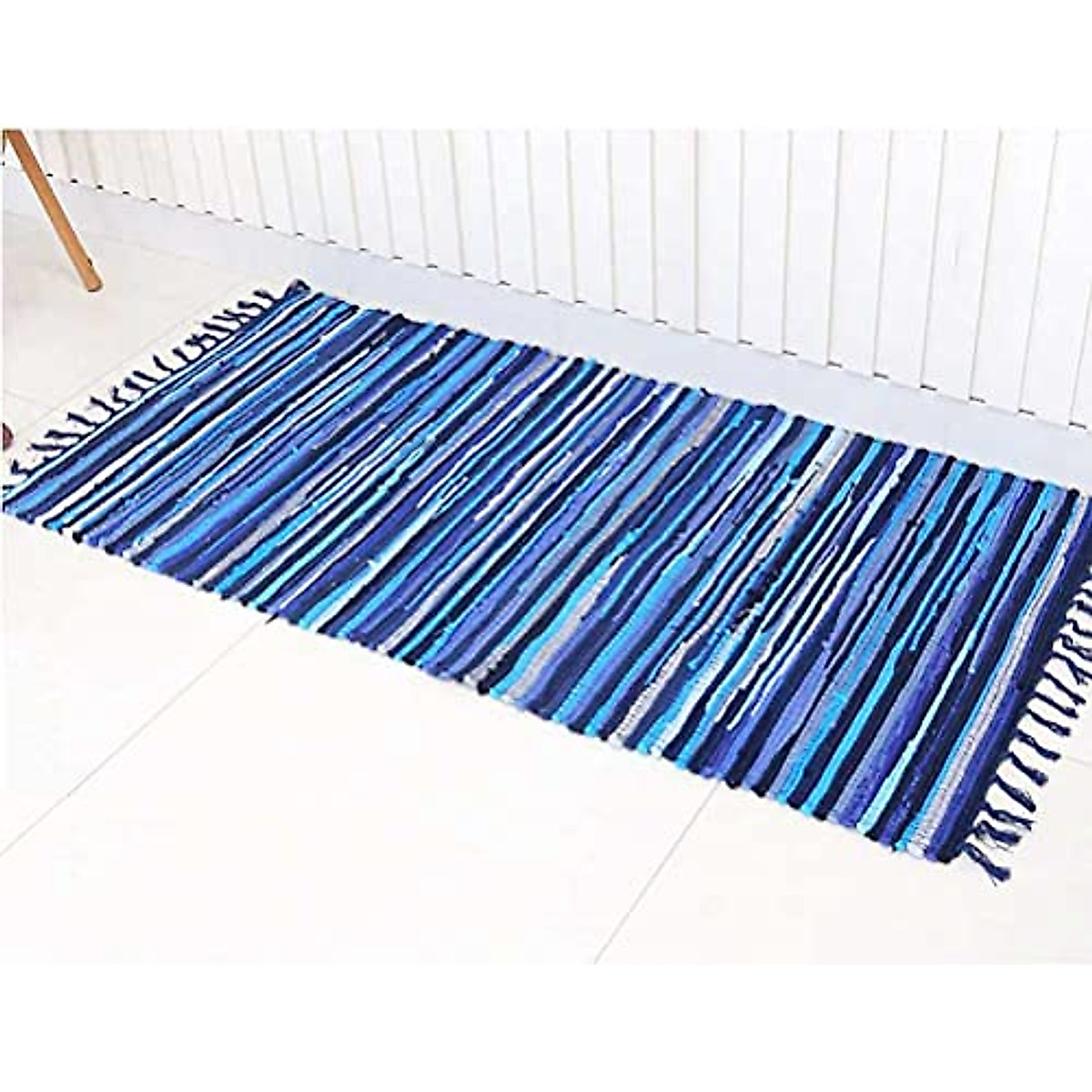 SERENITA Chindi Rug Reversible Rag Cotton Hand Woven Throw Area Rugs for Kitchen Bedroom Bathroom Livingroom Washable Stripe Blue 22" x 36"