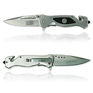 Military Gift Shop American Flag Folding Knife | Tactical Elite Knife | Stainless Steel Pocket Knife | USA Rescue Knife with 3.5 Inch Blade | Flag Knife Silver