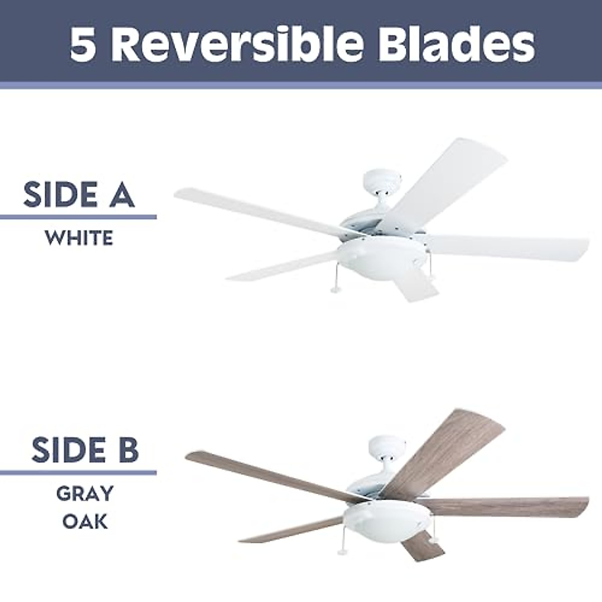 Prominence Home Bolivar, 52 Inch Modern LED Ceiling Fan with Light, Pull Chain, Dual Mounting Options, Dual Finish Blades, Reversible Motor - 80101-01 (White)