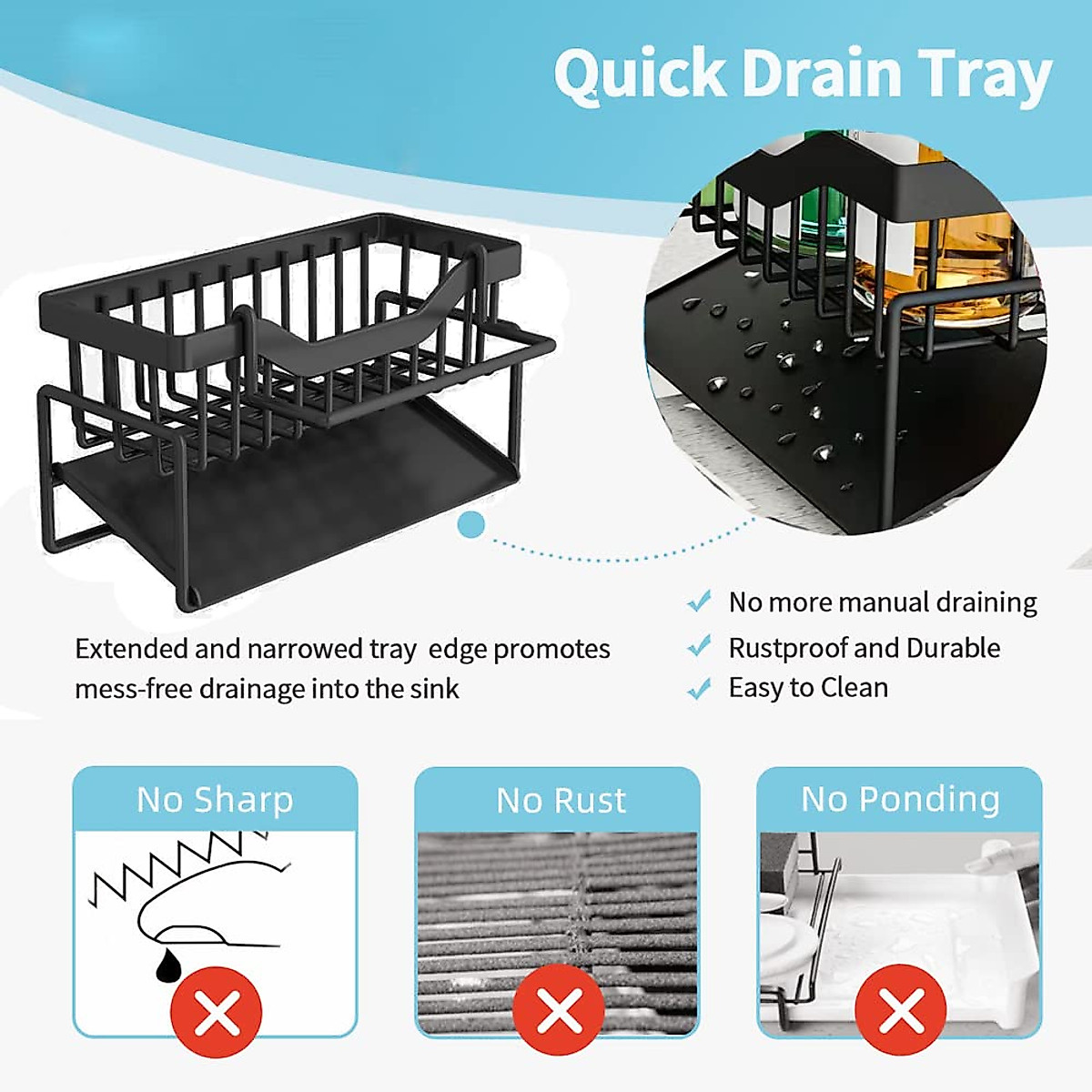 iBigLY Sponge Holder Kitchen Sink Caddy Organizer, 304 Stainless Steel Kitchen Soap Dispenser Caddy Organizer with Auto Drain Tray, Sink Rack for Kitchen & Bathroom Holding Sponge and Towel