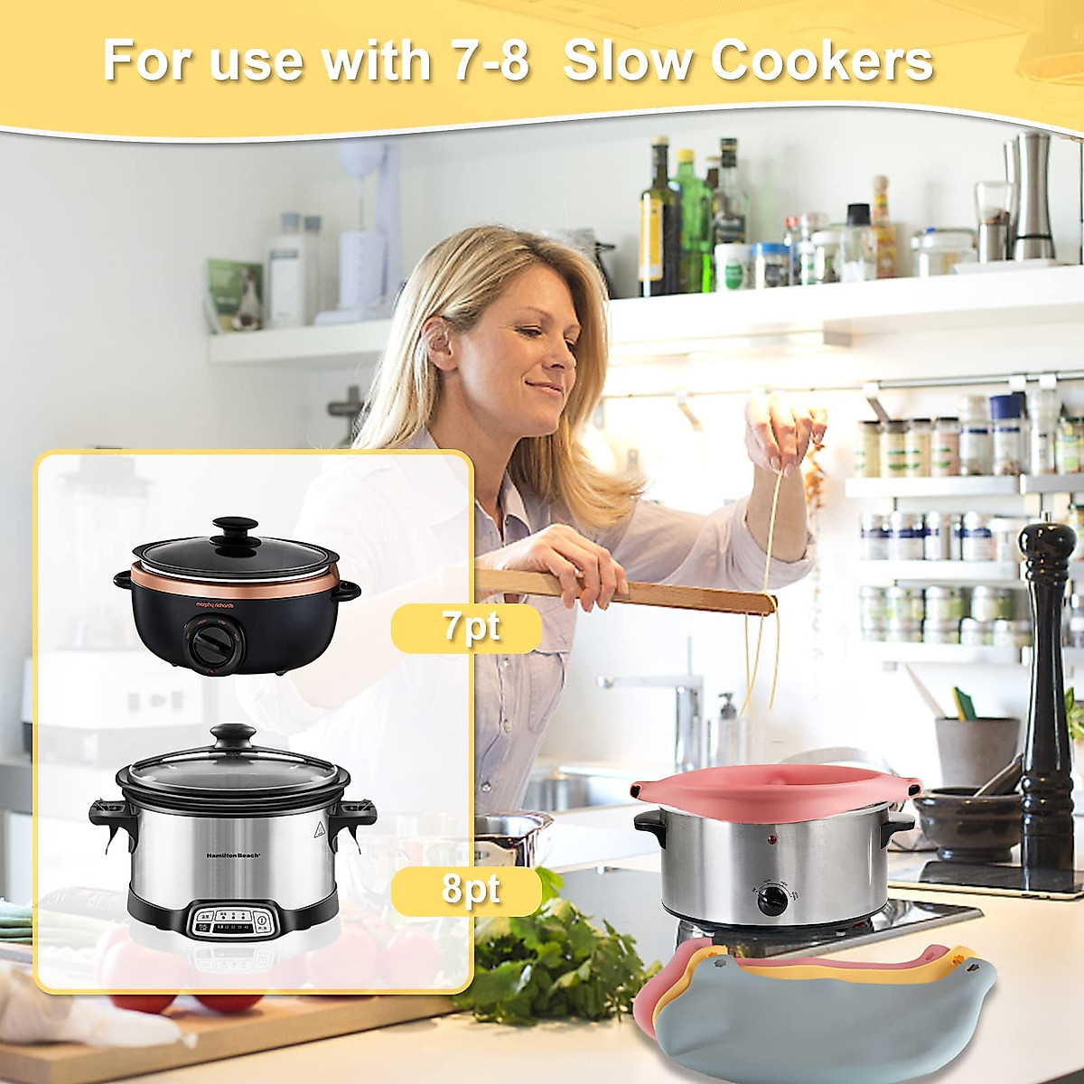 Sdpeia Slow Cooker Liners, 2 Pack Reusable Silicone Crock Pot Liners Fit 7-8 Quarts Crockpot, BPA Free/Leakproof/Slow Cooker Accessories Cooking Liner with Free Cleaning Sponge