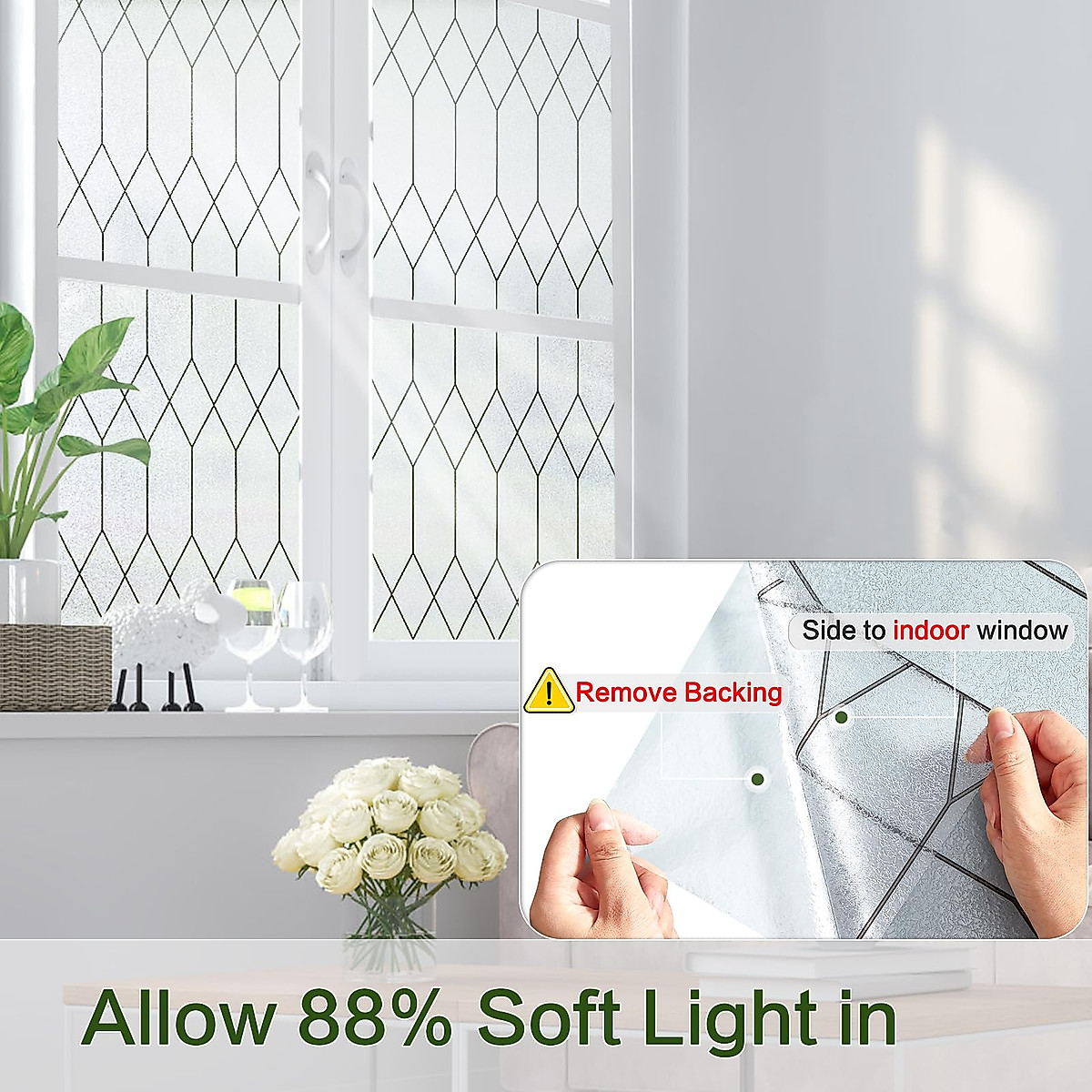 Windimiley Window Privacy Film Stained Glass Frosted Glass Window Clings Moroccan Lattice Decorative Bathroom Door Coverings UV Sun Blocking Heat Control Removable Home Tint,(17.5X118.1in,Pure)