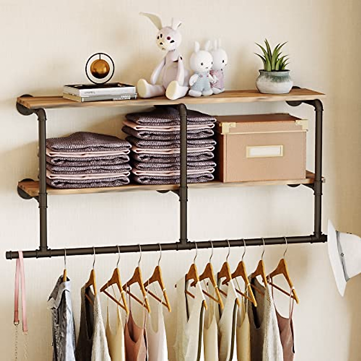 MAIKAILUN Wall Mounted Clothes Rack with Shelf, 52" Long Industrial Pipe Clothing Rack with 2 Tier MDF Shelves Heavy Duty Iron Garment Rack Bar,Retail Display Clothes Rod for Clothes,Laundry Room