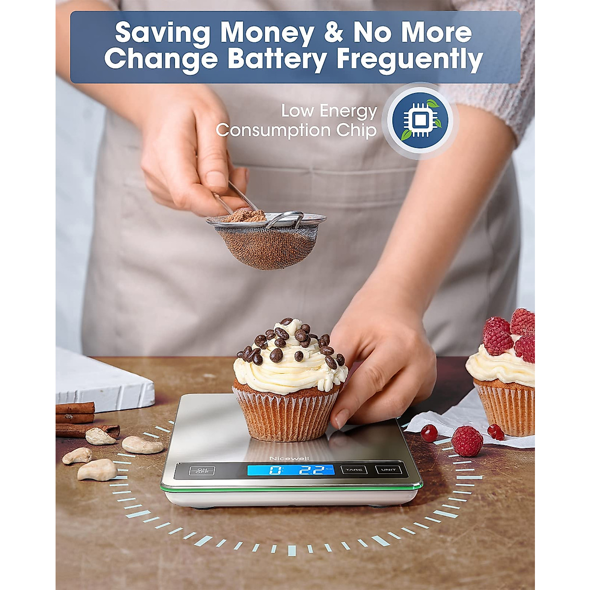 Nicewell Food Scale, 22lb Digital Kitchen Scale Weight Grams and oz for Cooking Baking, 1g/0.1oz Precise Graduation, Stainless Steel and Tempered Glass