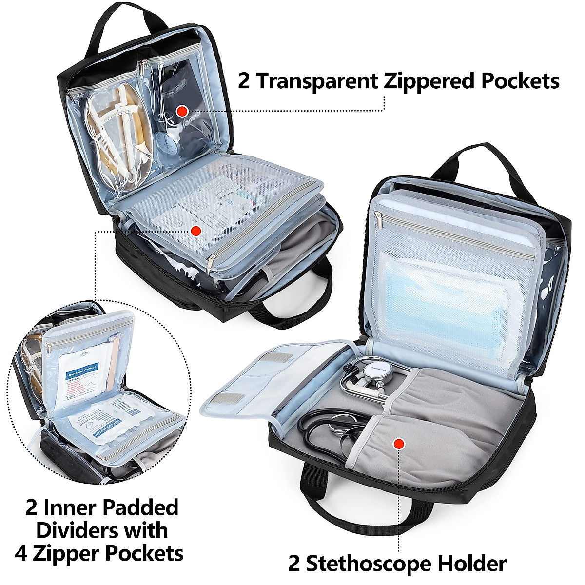 Trunab Utility Nurse Case Padded Stethoscope Case, Hold Two Stethoscopes/BP Cuffs and Nurse Accessories, Small Empty First Aid Bag for Nurses, Doctor, Black (Patent Design)