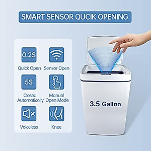 BIGEBAN Bathroom Touchless Trash Can with Lids 3.5 Gallon Automatic Motion Sensor Trash Can, Slim Smart Garbage Can for Bathroom, Kitchen, Office, Bedroom, Living Room, Toilet