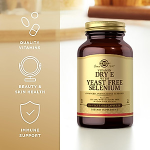 SOLGAR Dry Vitamin E with Yeast-Free Selenium - 100 Vegetable Capsules - Advanced Antioxidant Support - Non-GMO, Vegan, Gluten Free, Dairy Free, Kosher - 50 Servings