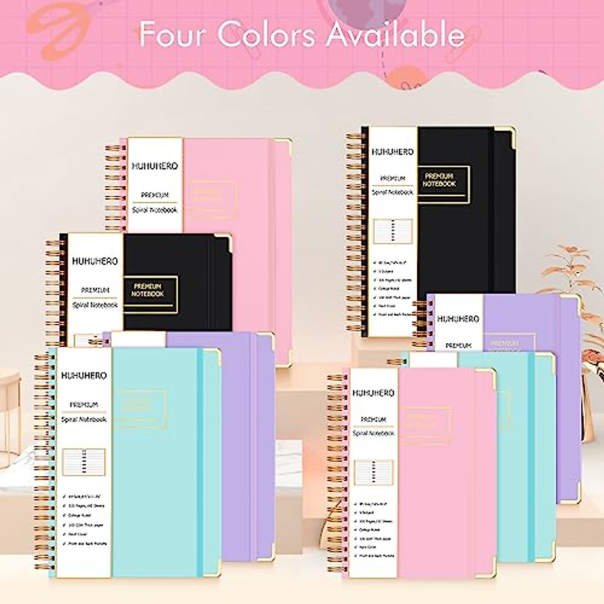 Huhuhero Spiral Notebook, College Ruled Notebook, 8.5" x 11", 320 Pages Black Leather Lined Journal for Women Men, A4 Large Notebooks for Work Writing Office, 24pcs Index Tabs, School Supplies