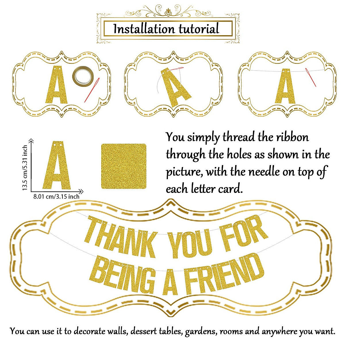 Gold Thank You for Being A Friend Banner,Thank You Banner, Friends Birthday Anniversary Party Supplies
