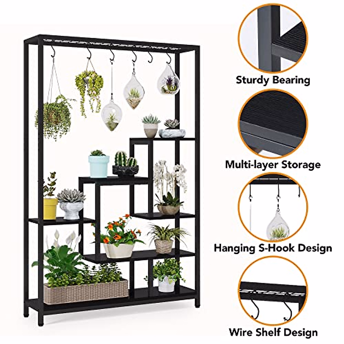 Tribesigns 5-Tier Tall Indoor Plant Stand, 70.9 inches Large Metal Plant Shelf with 6PC S Hanging Hooks, Multi-Purpose Flower Bonsai Pots Display Rack for Indoor, Garden, Balcony, Living Room, Black