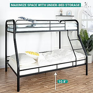 Hollywood Bunk Beds Twin Over Full Size, Heavy Duty Metal Bunk Bed with Safety Guardrails, Angled Ladder, Underbed Storage, 800LBs capacity - for Kids and Teens, Twin over Full Bunk Bed, Black