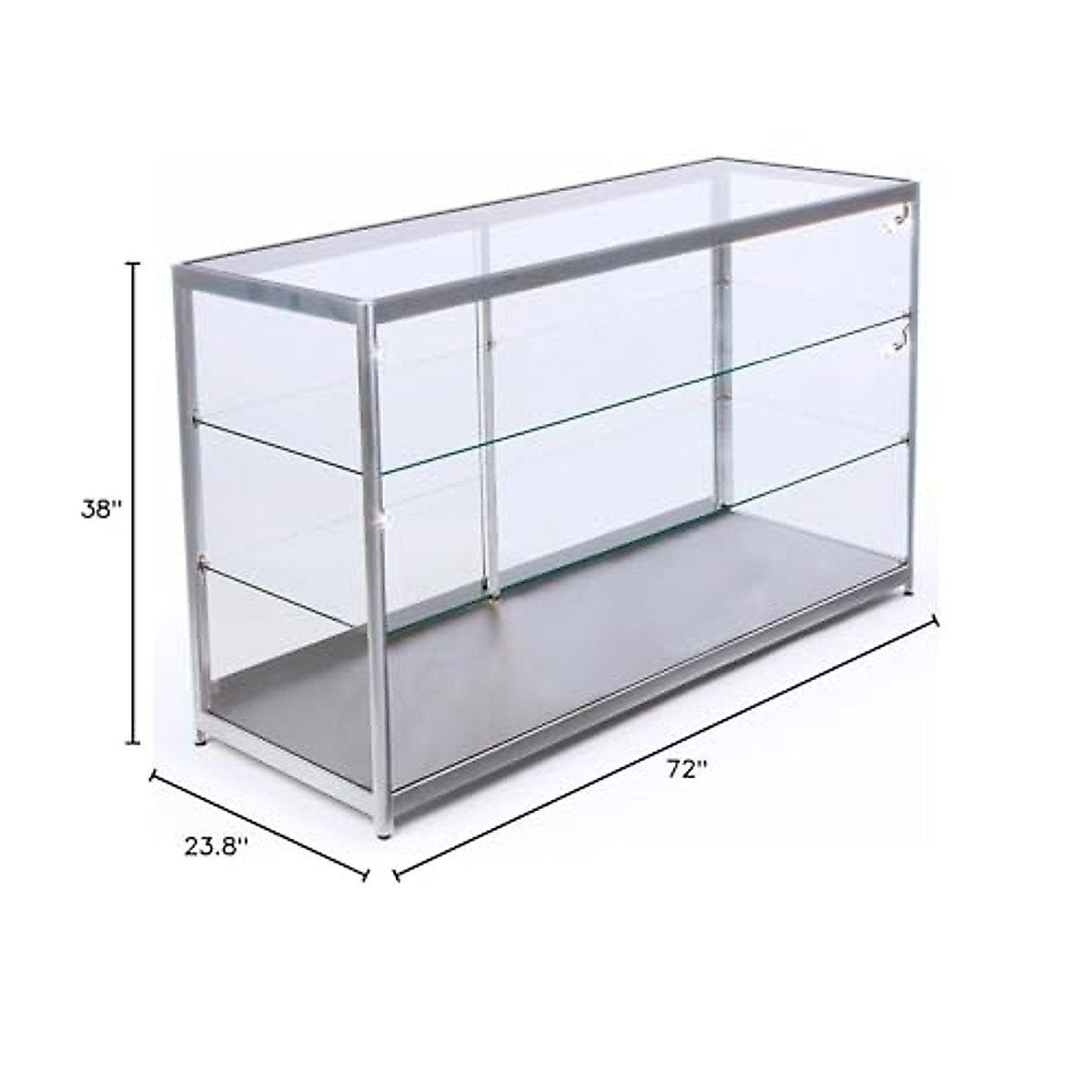 Displays2go 6’ Counter Glass Showcases with Side Lighting, Lockable, Tempered Glass Shelves, Aluminum Frame – Silver (JBQCT72LED)