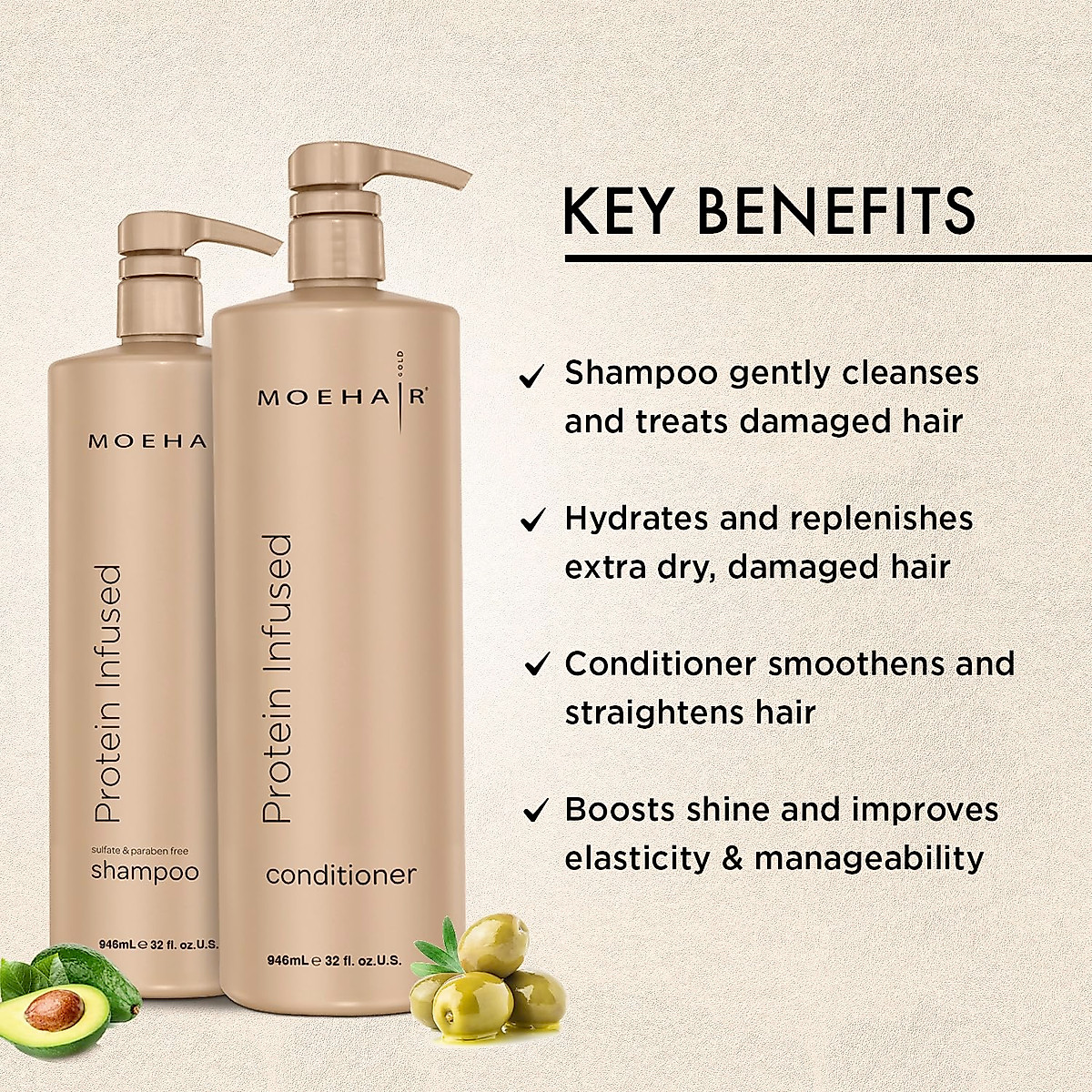 MOEHAIR Protein Infused Shampoo and Conditioner Set for Dry & Damaged Hair | Strengthens Hair Fiber | Sulfate & Paraben Free | Adds Shine, Softens & Hydrates Hair (32 Fl Oz)