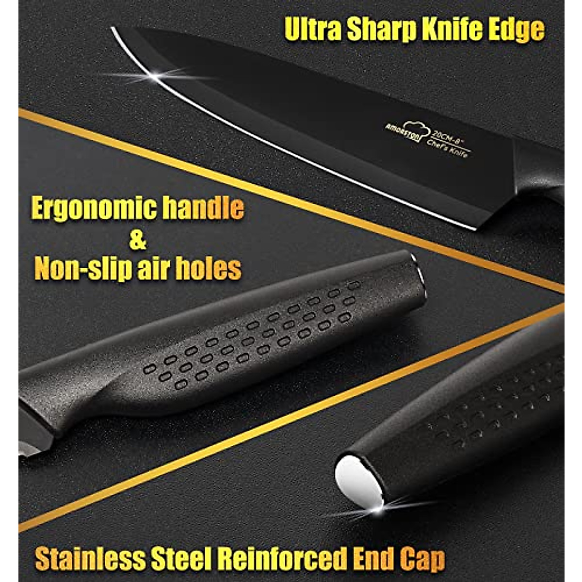 Knife Set, 15 Pieces Kitchen Knife Set with Built in Knife Sharpener Block, Dishwasher Safe, German Stainless Steel Knife Block Set, Elegant Black