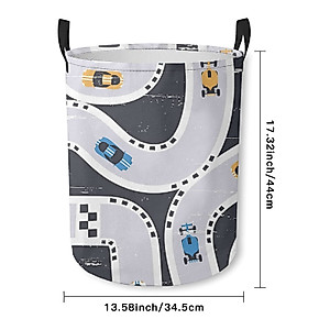 Storage Basket,Blue Race Racing Cars Yellow Boy Children Baby,Collapsible Large Laundry Hamper with Handles for Home Office 17.32"X13.58"