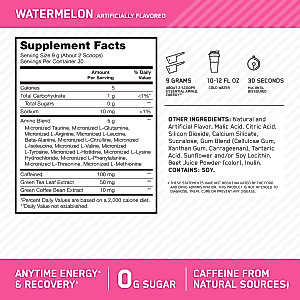 Optimum Nutrition Amino Energy - Pre Workout with Green Tea, BCAA, Amino Acids, Keto Friendly, Green Coffee Extract, Energy Powder - Watermelon, 30 Servings (Packaging May Vary)