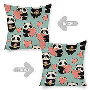 Cute Panda Heart Throw Pillow Covers 18×18 Pillowcases Set of 2 Happy Valentine's Day Linen Decorative Square Pillow Case Cushion Covers Standard Size for Sofa Couch Outdoor Bed Pillow Protectors