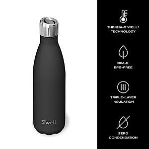 S'well Stainless Steel Water Bottle with Sports Cap, 17oz, Onyx, Triple Layered Vacuum Insulated Containers Keeps Drinks Cold for 36 Hours and Hot for 10, BPA Free, Perfect for On the Go