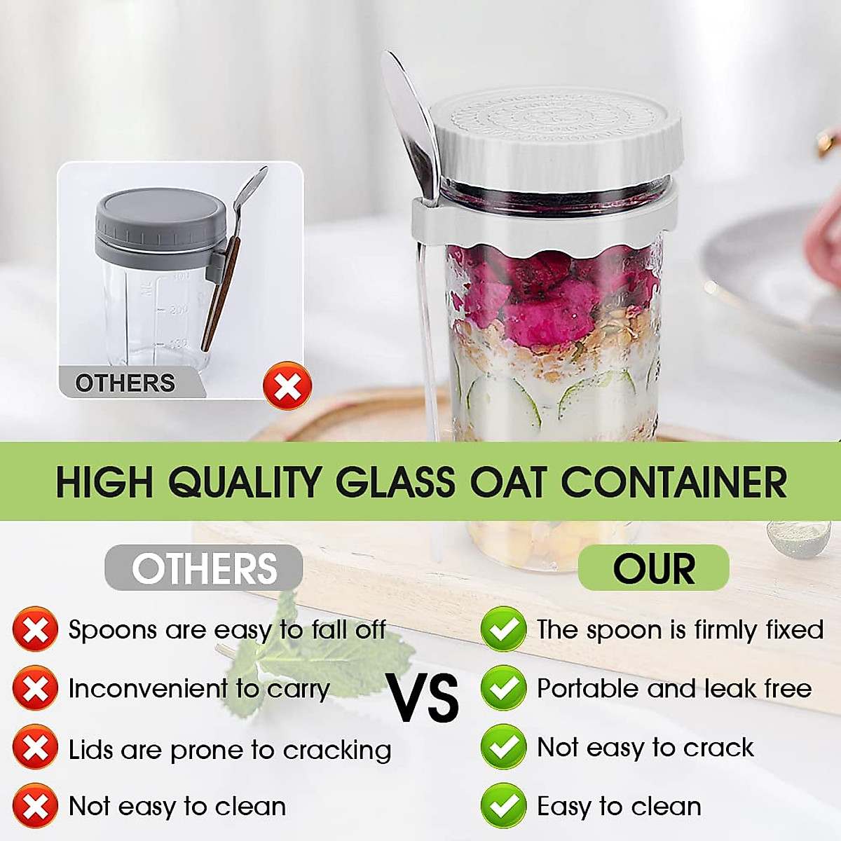 Overnight Oats Jars, Overnight Oats Containers with Silicone Lid and Spoon 16 oz,for Oats Yogurt,Milk,Fruit,breakfast,Leak-Proof Reusable Portable with Measurement Marks (W+G)
