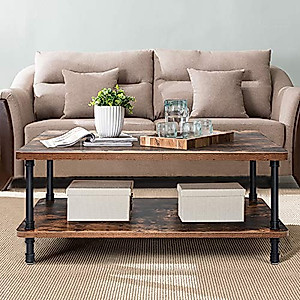 Giantex Retro Coffee Table W/Thick Tabletop, Industrial Steel Pipe Legs & 2-Tier Storage Shelf Accent Table for Living Room, Reception Room, Easy Assembly Center Table, Rustic Brown