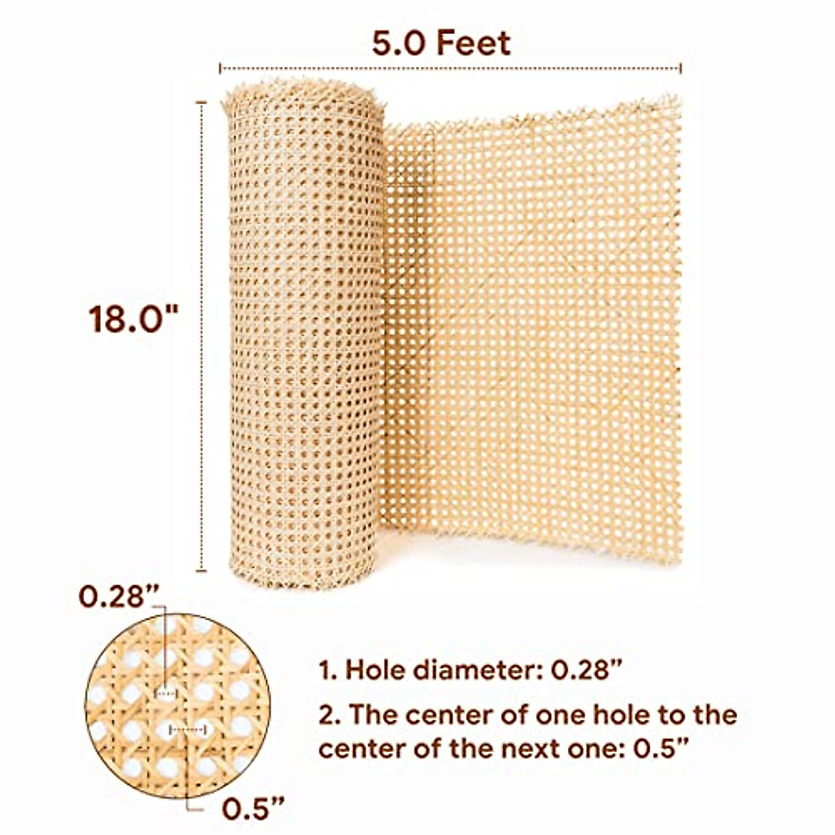 18" Width Rattan Cane Webbing Roll 18 Inch x 5 Feet Hexagon Weave 1/2 Inch Pre-Woven Cane Mesh Net Open Weave Wicker Cane Webbing Rattan Sheets Natural Material for Cabinet Chair (5 Feet)