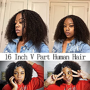 Kiqibeauty V Part Wig Human Hair For Black Women Upgrade U Part Wig Human Hair Kinky Curly Wig 100% Virgin Hair Glueless Wear and Go Wig Minimal Leave Out 200% Density (Kinky Curly, 16 Inch)