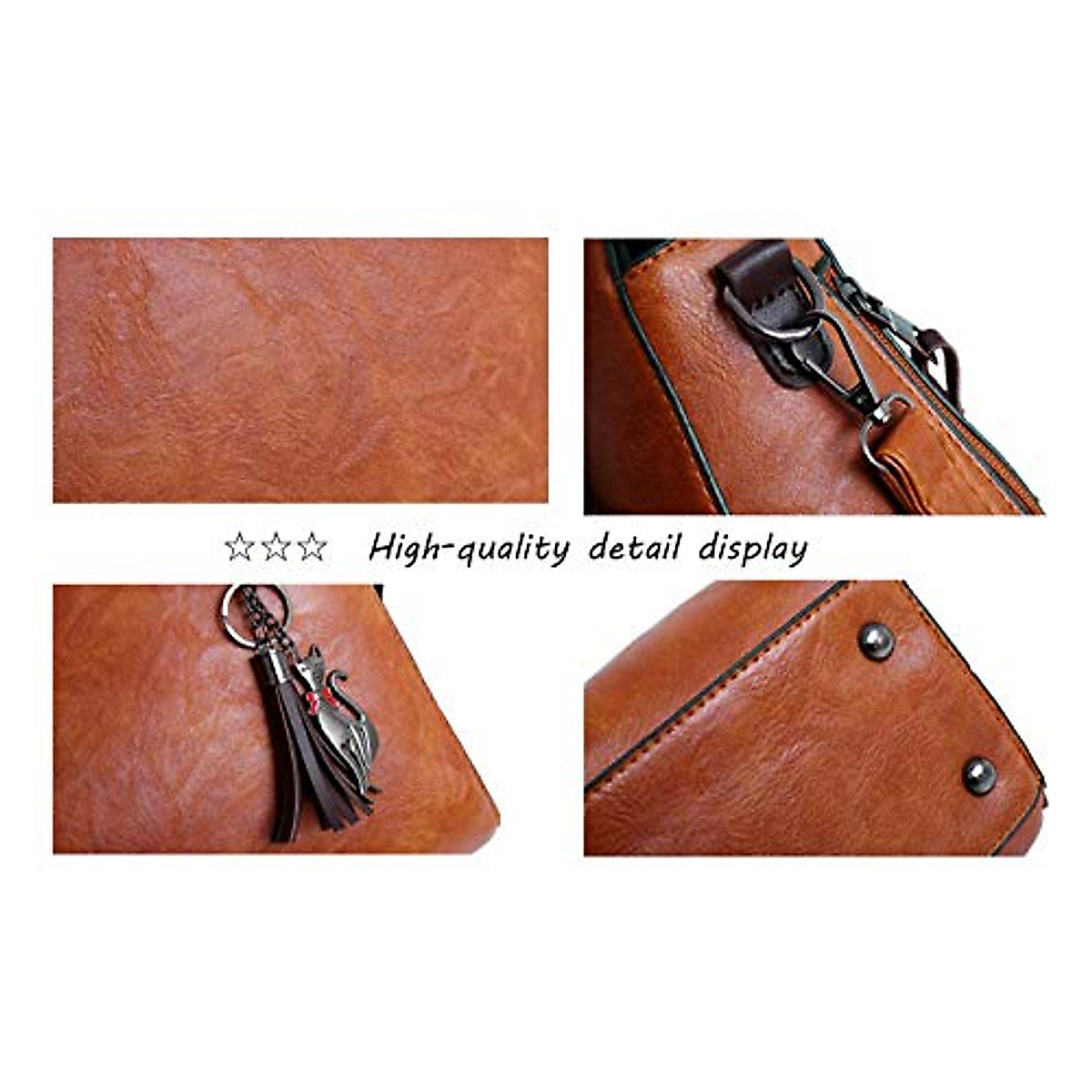 GJGJTER Synthetic PU Leather Tote for Women Satchel Crossbody Hobo 4pcs Handbags Shoulder Bags Tassel Fox Ornament-Brown