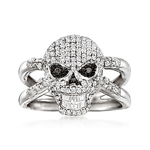 Ross-Simons 0.50 ct. t.w. Black and White Diamond Skull Ring in Sterling Silver. Size 5