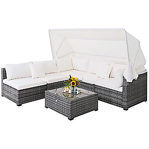 HAPPYGRILL 6-Piece PE Rattan Patio Furniture Set, Outdoor Sectional Sofa Set with Retractable Canopy, Patio Conversation Set with Tempered Glass Coffee Table, Soft Cushions and 2 Throw Pillows