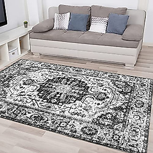 CAROMIO Grey Area Rug Washable Boho Distressed Rug Large Non-Slip 8x10 Area Rug Low-Pile Stain Resistant Vintage Area Rug for Living Room Bedroom, 8' x 10' Grey