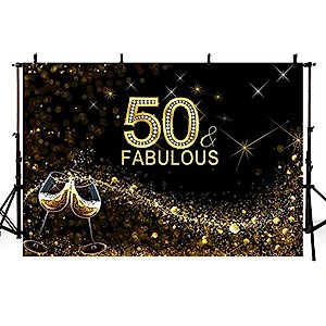 MEHOFOTO Glitter Gold and Black 50 and Fabulous Photo Studio Booth Background Wine Glass Bokeh Shiny Adult Happy 50th Birthday Party Decoration Banner Backdrops for Photography 7x5ft