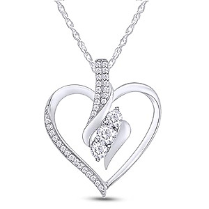 AFFY Diamond Heart Pendant Necklace | 3 Stone 1/4cttw Natural Diamond | 14K White Gold Over Sterling Silver (0.25 Ct) with Free 18" Chain For Women, Gift For Her