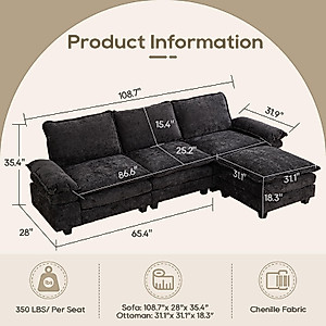 IPKIG Modular Sectional Sofa Cloud Couch - Chenille Convertible L Shaped Sofa Couch with Adjustable Armrest, Movable Ottoman, Comfy Upholstered 3-Seater Sofa for Living Room/Small Space (Black)