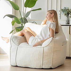 MAXYOYO Giant Bean Bag Chair for Adults, Stuffed Living Room Bean Bag Chair with Armrest, Large Fluffy Bean Bag Sofa with Filler, Accent Chair Sofa Floor Chair with Pocket for Dorm Reading, Beige