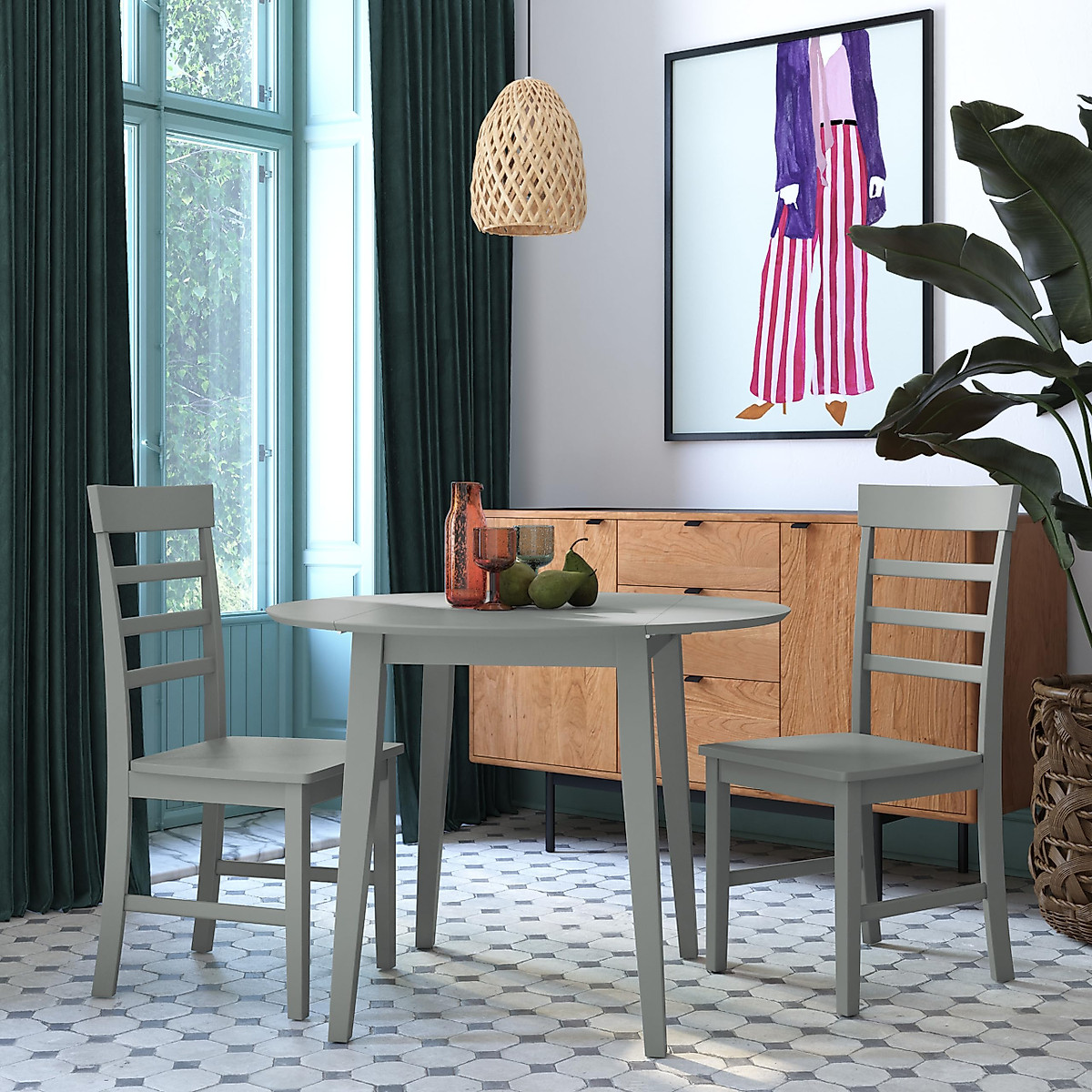 Novogratz Brooks 3-Piece Wood Dining Set with Double Drop Leaf, Gray