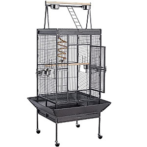 Yaheetech 69-inch Wrought Iron Rolling Large Parrot Bird Cage for African Grey Small Quaker Amazon Parrot Cockatiel Sun Parakeet Green Cheek Conure Dove Lovebird Budgie Play Top Bird Cage with Stand