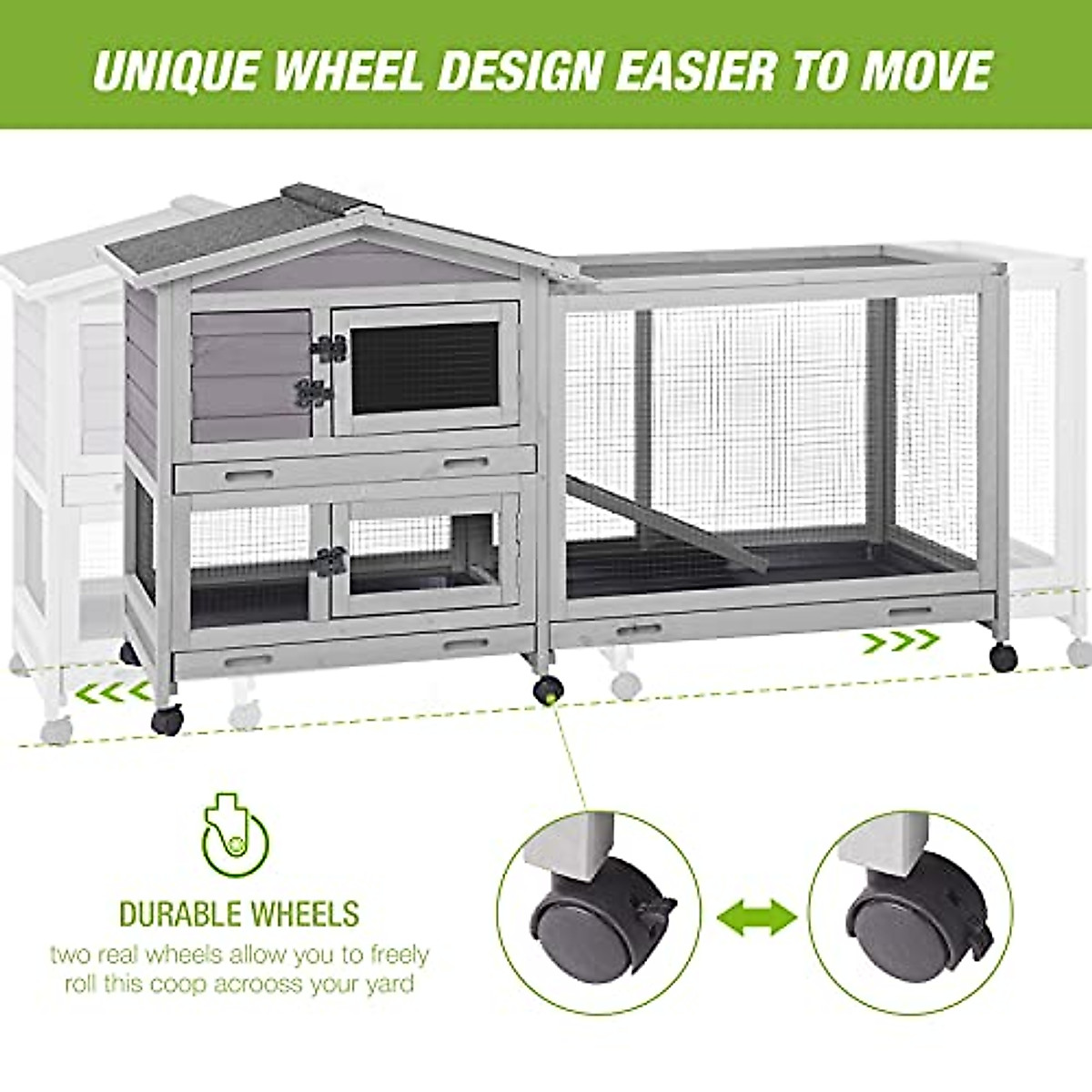 Outdoor Rabbit Hutch Indoor Bunny House on Wheels Large Guinea Pig Cage with Run for Any Small Animals,Removable Pull Out Tray…