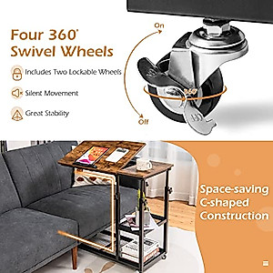 Tangkula Height Adjustable C Shaped End Table with Lockable Wheels, Mobile Couch Desk Table with Tiltable Table Top, Sofa Bedside Laptop Stand TV Tray with Storage Shelves, Snack Side Table