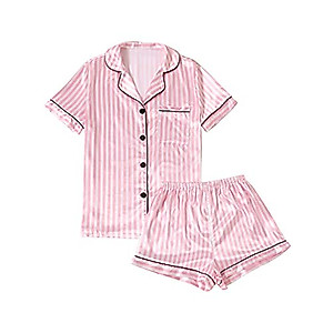 LYANER Women's Striped Silky Satin Pajamas Short Sleeve Top with Shorts Sleepwear PJ Set Pink X-Small
