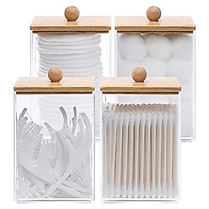 Tbestmax 12 OZ Cotton Swab/Ball/Pad Holder, Qtip Apothecary Jar, Clear Bathroom Containers Dispenser for Storage 4 Pack Wood Lids